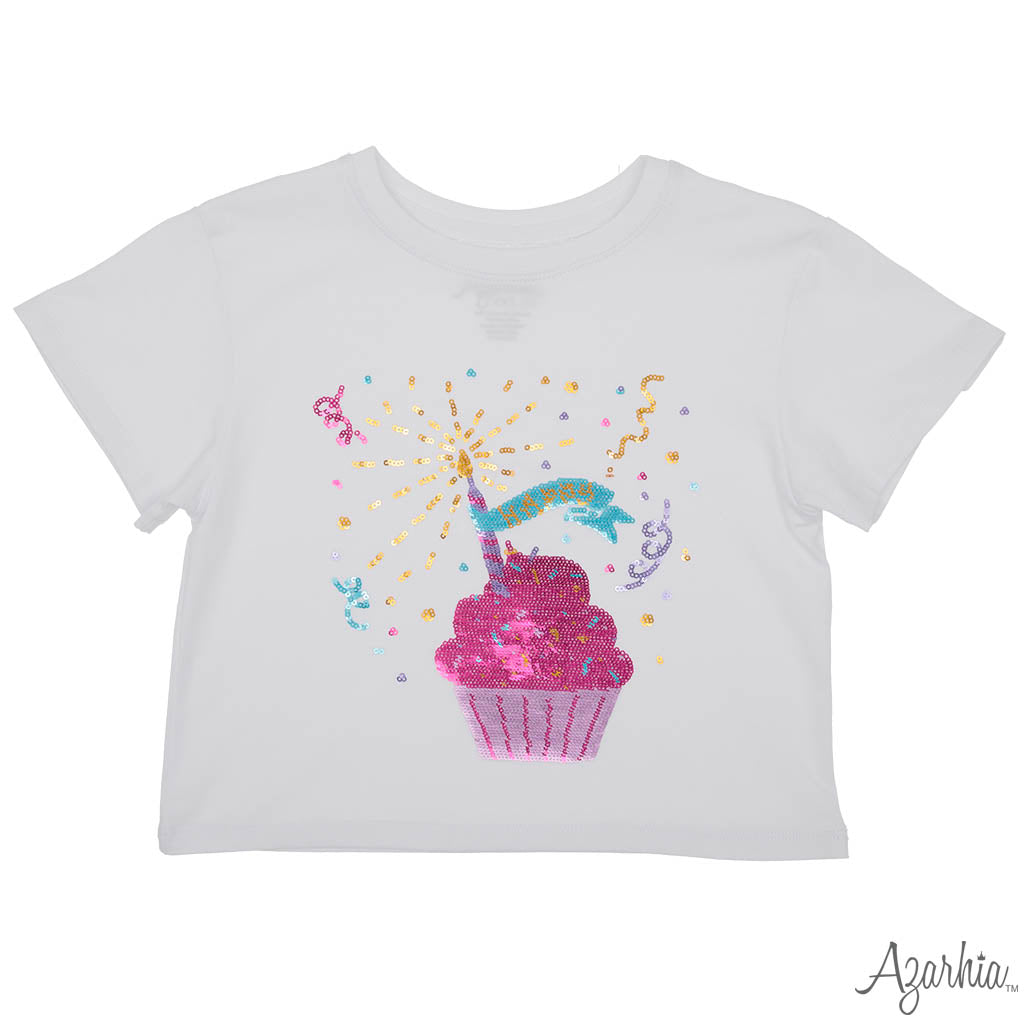 Cupcake Birthday Sequin on White Boxy – Azarhia
